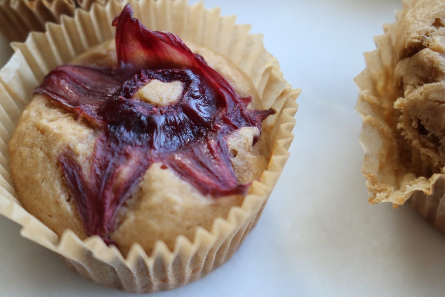 Baobab Banana Muffin with Dried Hibiscus Flower Crowns